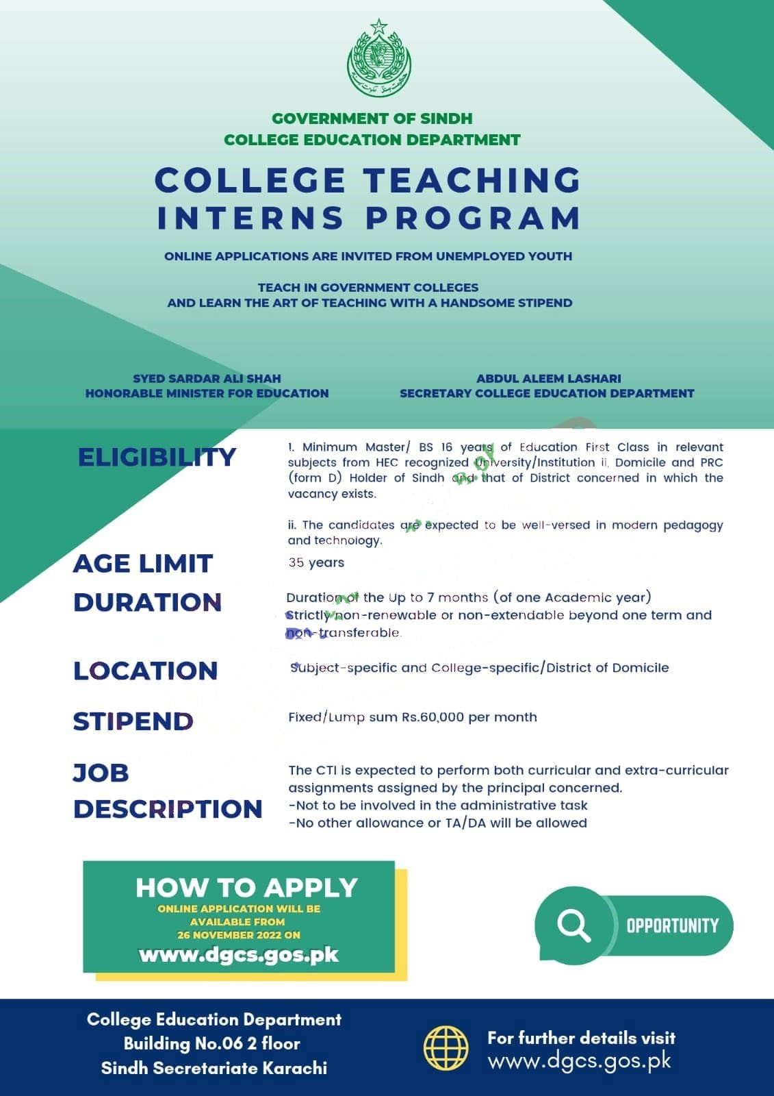 CTI (College Teacher Internship) Jobs 2022 – Sindh Government - Dekho Future